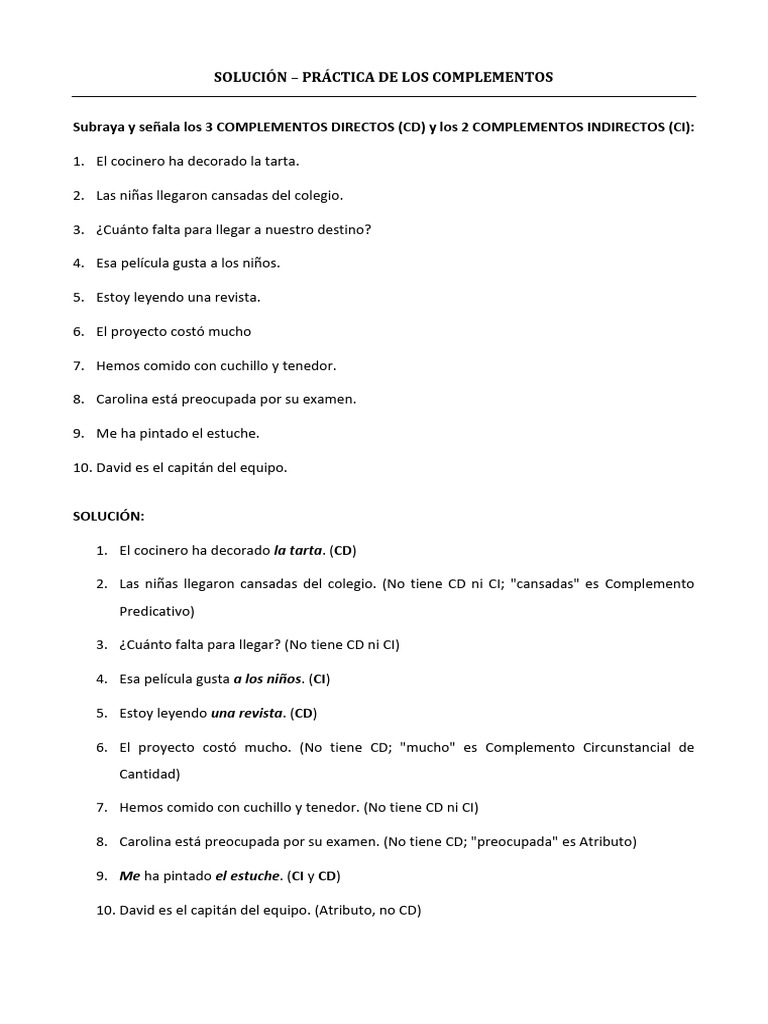 SOLUCIÓN - Batería de Ejercicios 1. Práctica de Complementos | PDF | Verbo | Lingüística