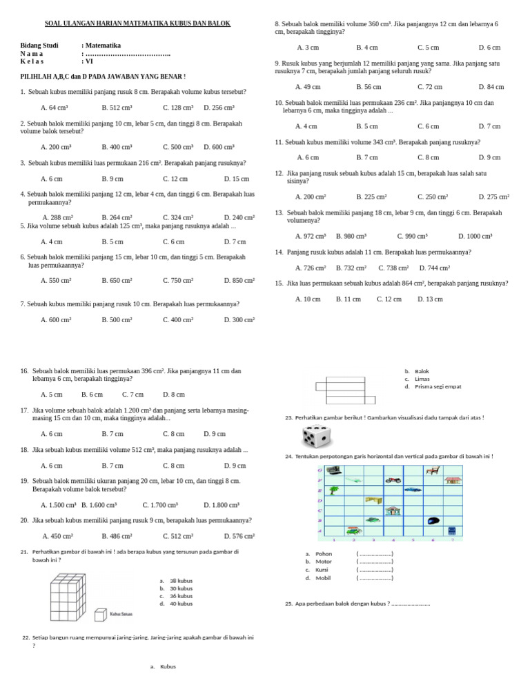 soal mtk kls.6 kubus,balok smt 2 | PDF