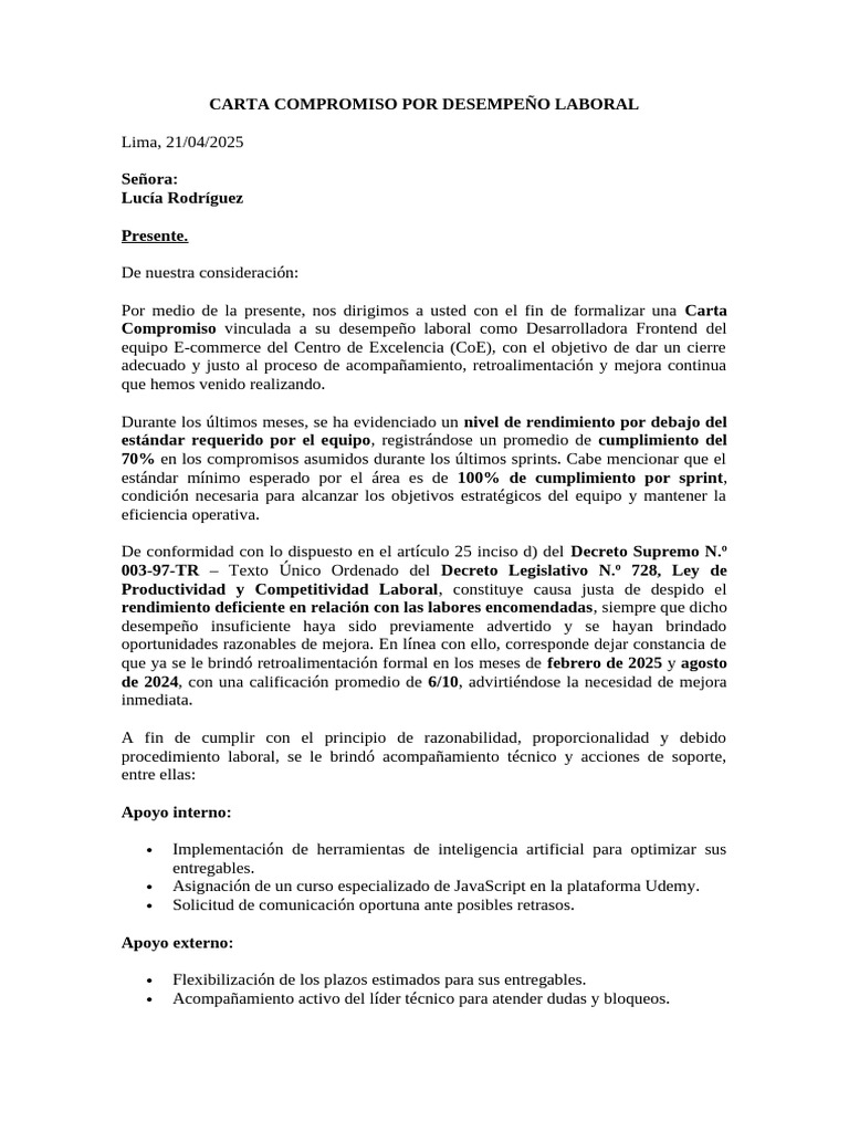 Carta Compromiso Por Desempeño Laboral | PDF