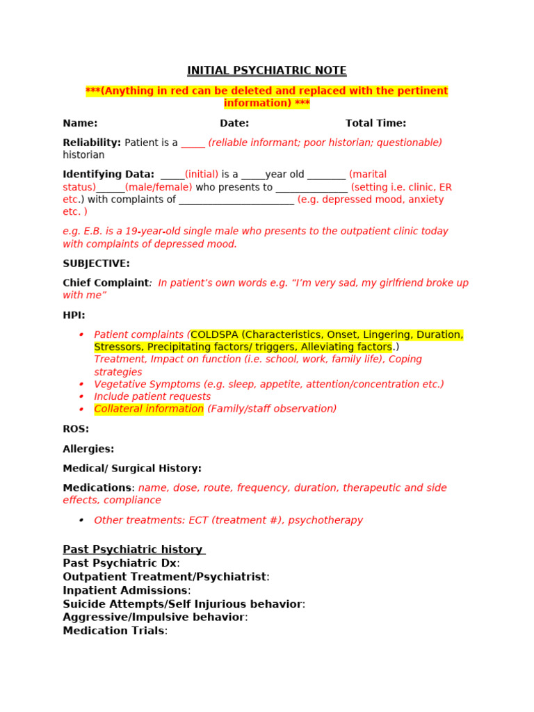 Initial Psychiatric Evaluation Template | PDF | Psychiatry | Clinical ...