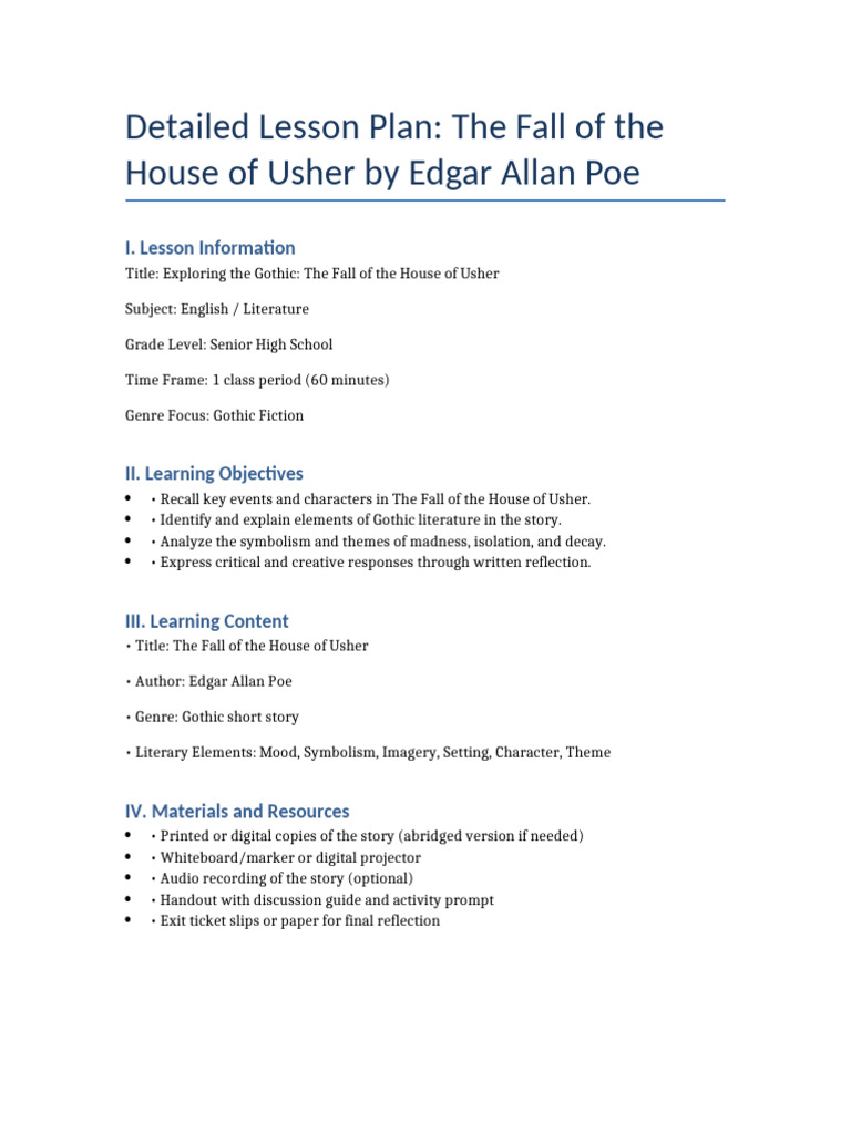 Lesson Plan Fall of The House of Usher | PDF | Gothic Fiction