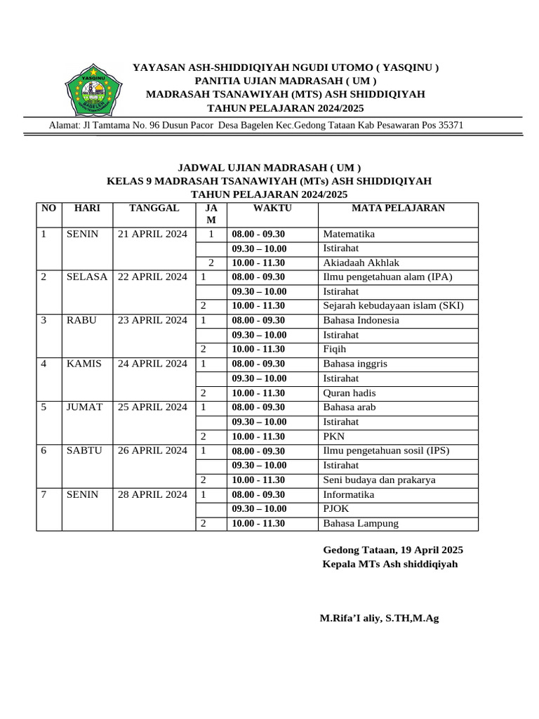 Jadwal Mapel Um 20242025 | PDF