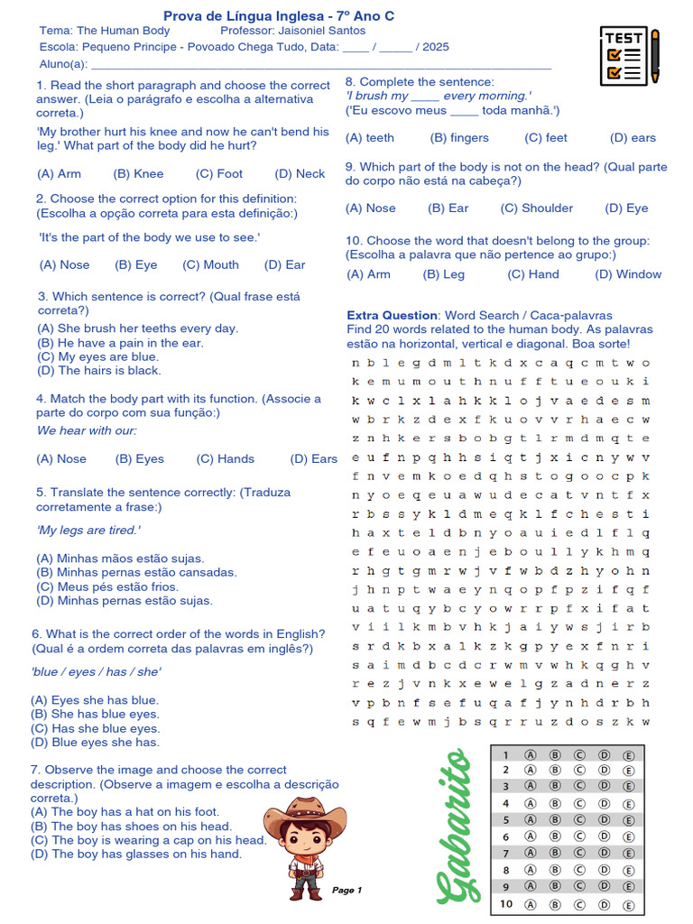 Human Body Quiz for 7th Grade Students | PDF