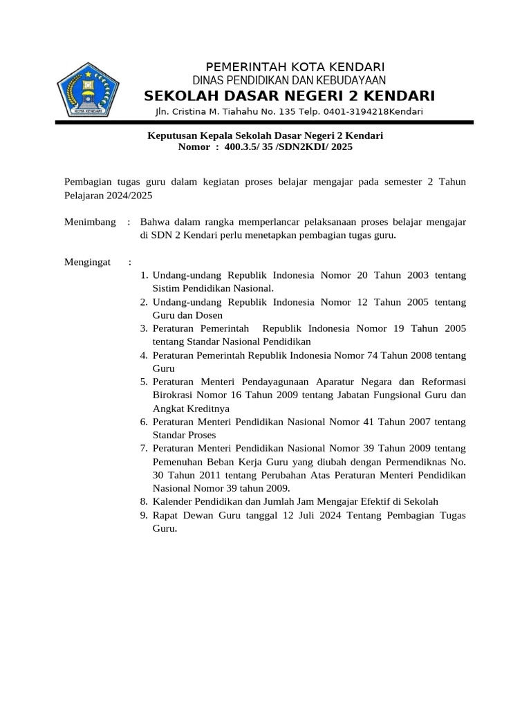 SK Pembagian Tugas Semester 2 TA 20242025 | PDF