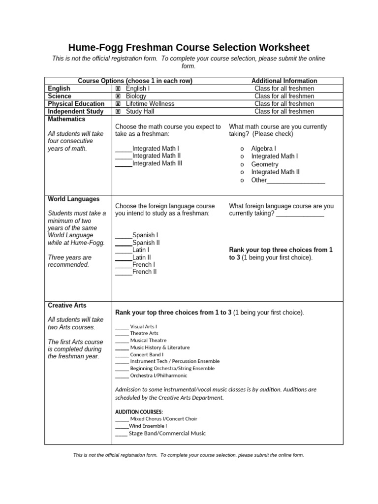 9th Grade Course Selection Worksheet | PDF | Orchestras | Mathematics