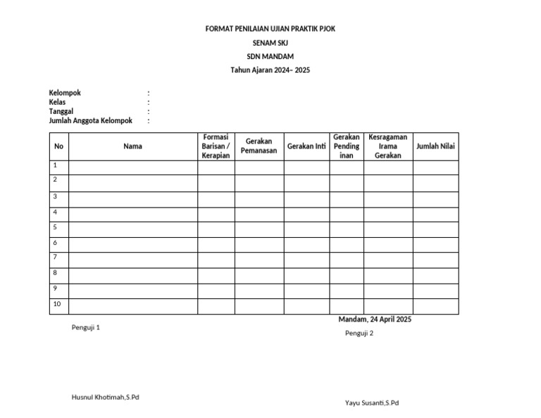 Blanko Nilai Pjok Ujian Praktik | PDF