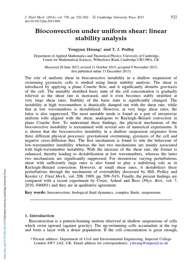 bioconvection_under_uniform_shear_linear_stability_analysis | PDF | Convection | Shear Stress