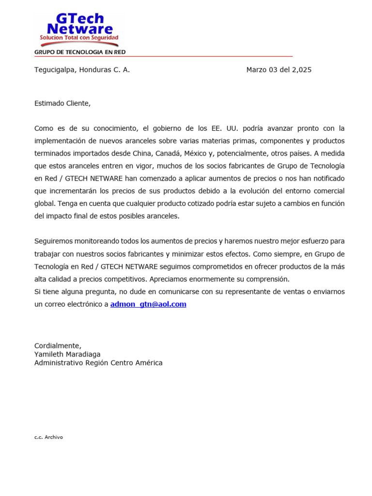 GTR Anuncio Aumento de Precios Por Aranceles 03mar25 | PDF