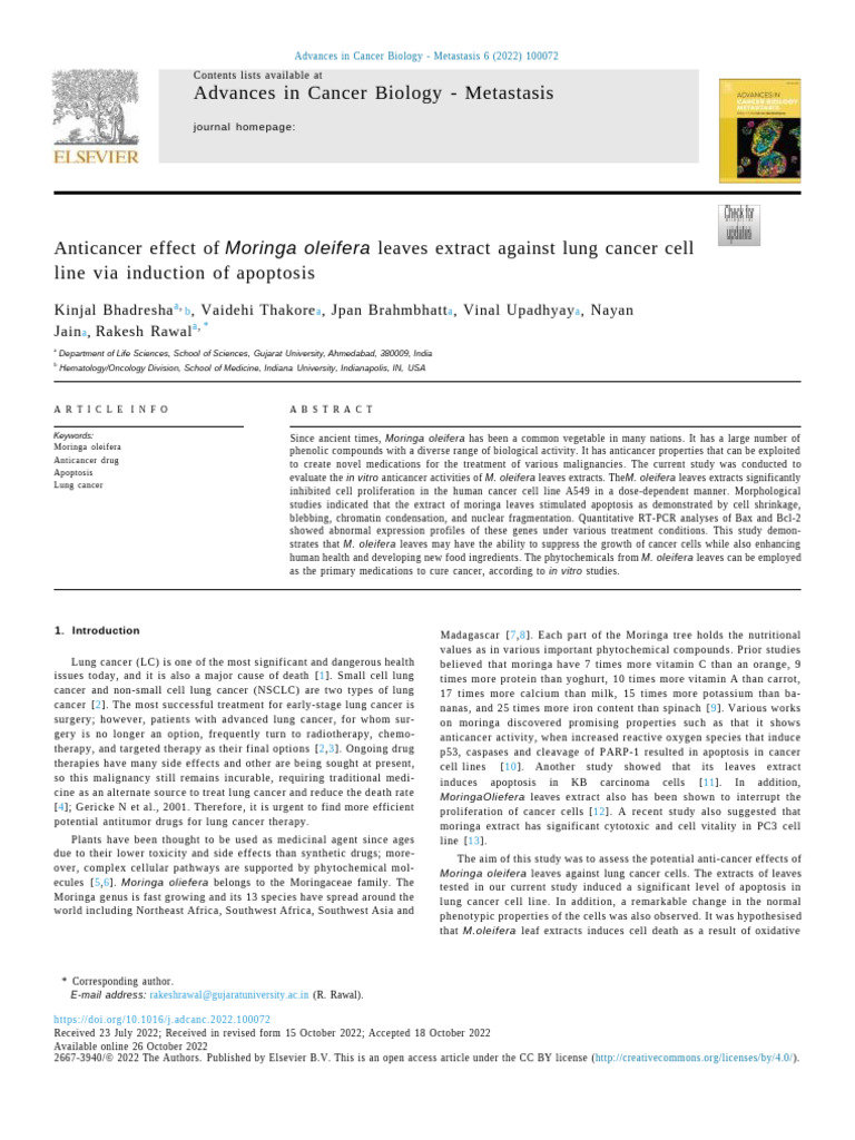 Anticancer Effect of Moringa Oleifera Leaves Extract - 2022 - Advances ...