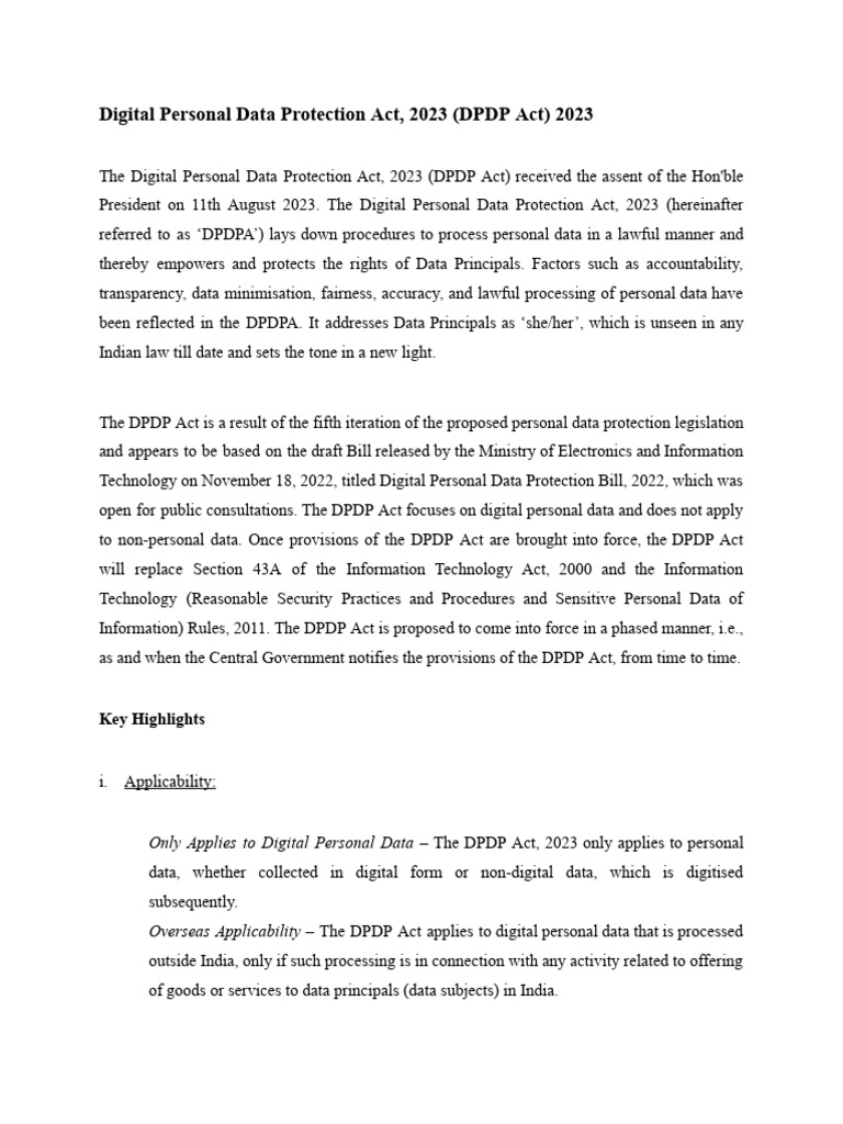 Digital Personal Data Protection Act, 2023 (DPDP Act) 2023 and Draft Digital Personal Data ...