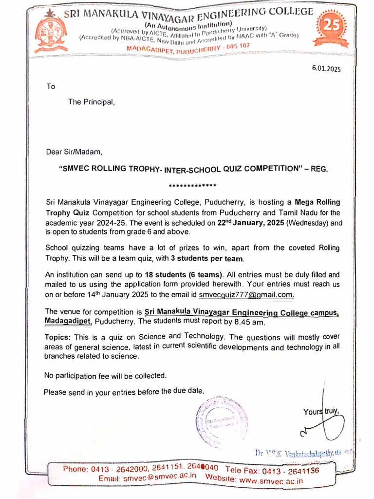 SMVEC QUIZ Intimation Letter Schools | PDF
