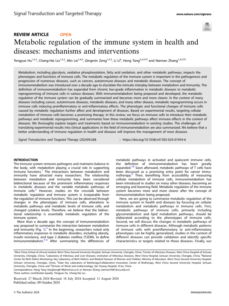 Metabolic Regulation Immune System. Hu, 2024 | PDF | Glycolysis | T Cell