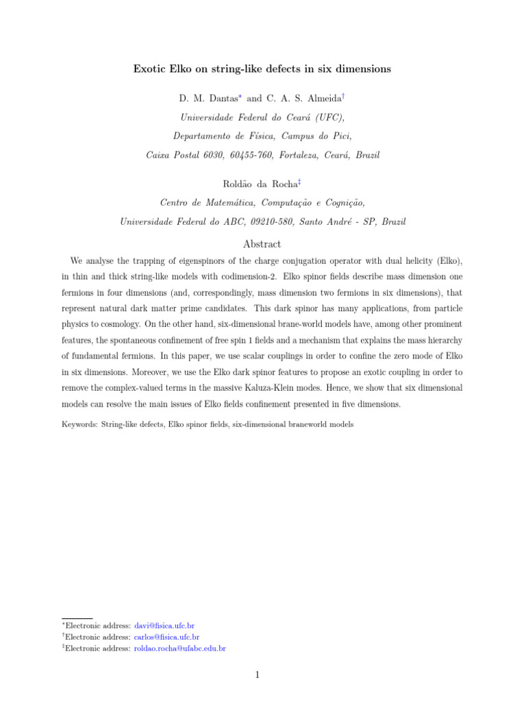 Exotic Elko on String-Like Defects in Six Dimensions | PDF | Gauge Theory | Higgs Boson