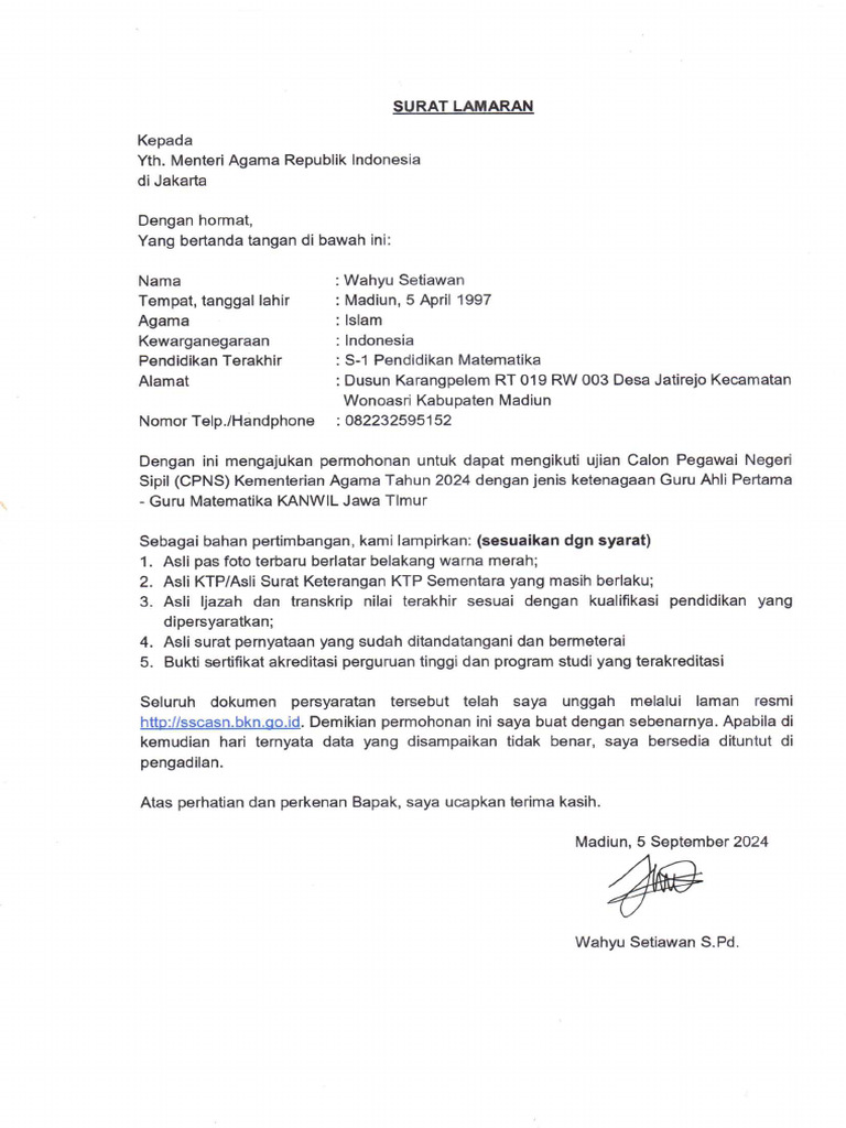 Surat Lamaran Wahyu 2024 | PDF