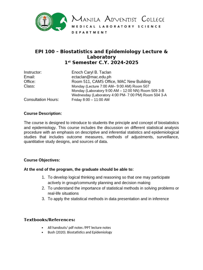 Biostatistics Course Plan | PDF | Statistics | Biostatistics