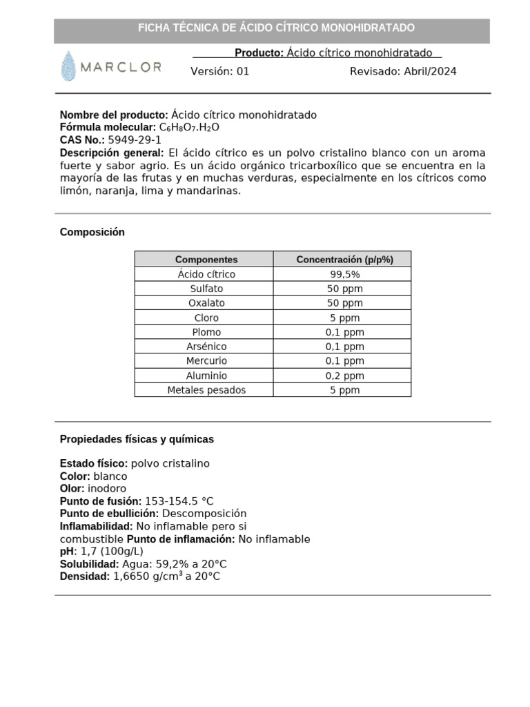 Ficha Técnica de Ácido Cítrico Monohidratado | PDF