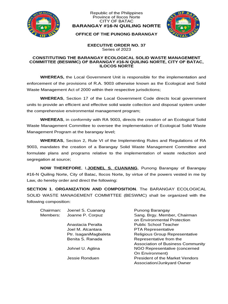 Barangay Solid Waste Management Order | PDF | Waste Management | Waste