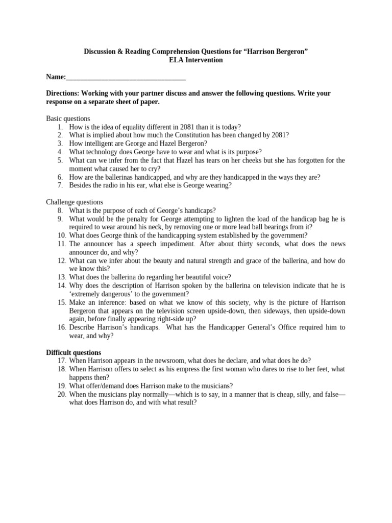 Comprehension Questions for "Harrison Bergeron" | PDF