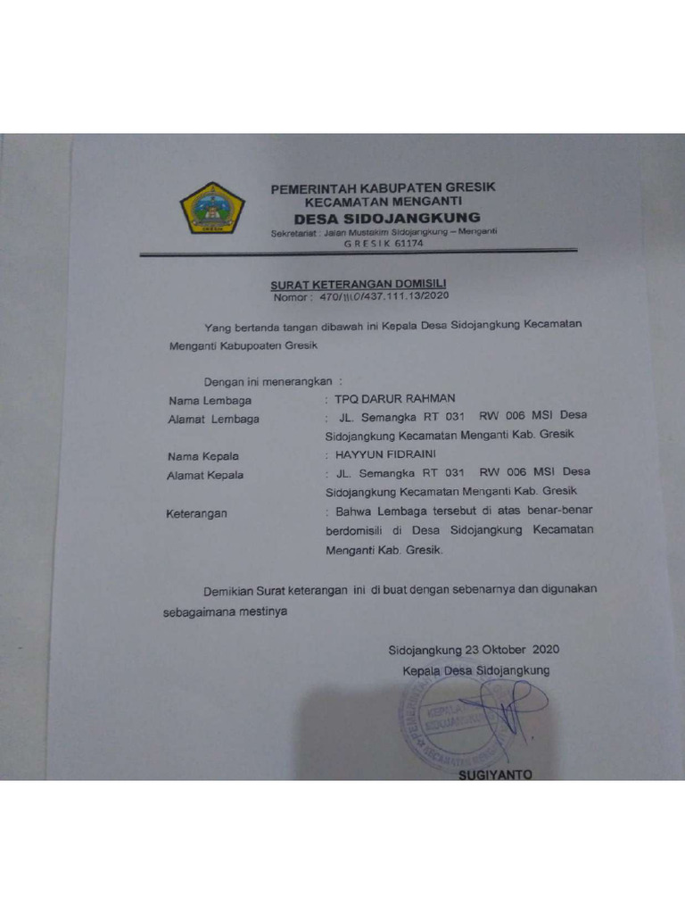 Surat keterangan domisili TPQ | PDF