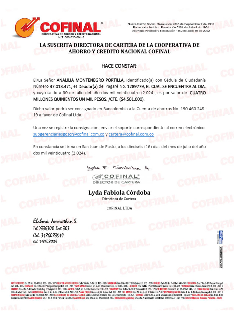 Constancia de Deuda Cofinal Ltda. | PDF