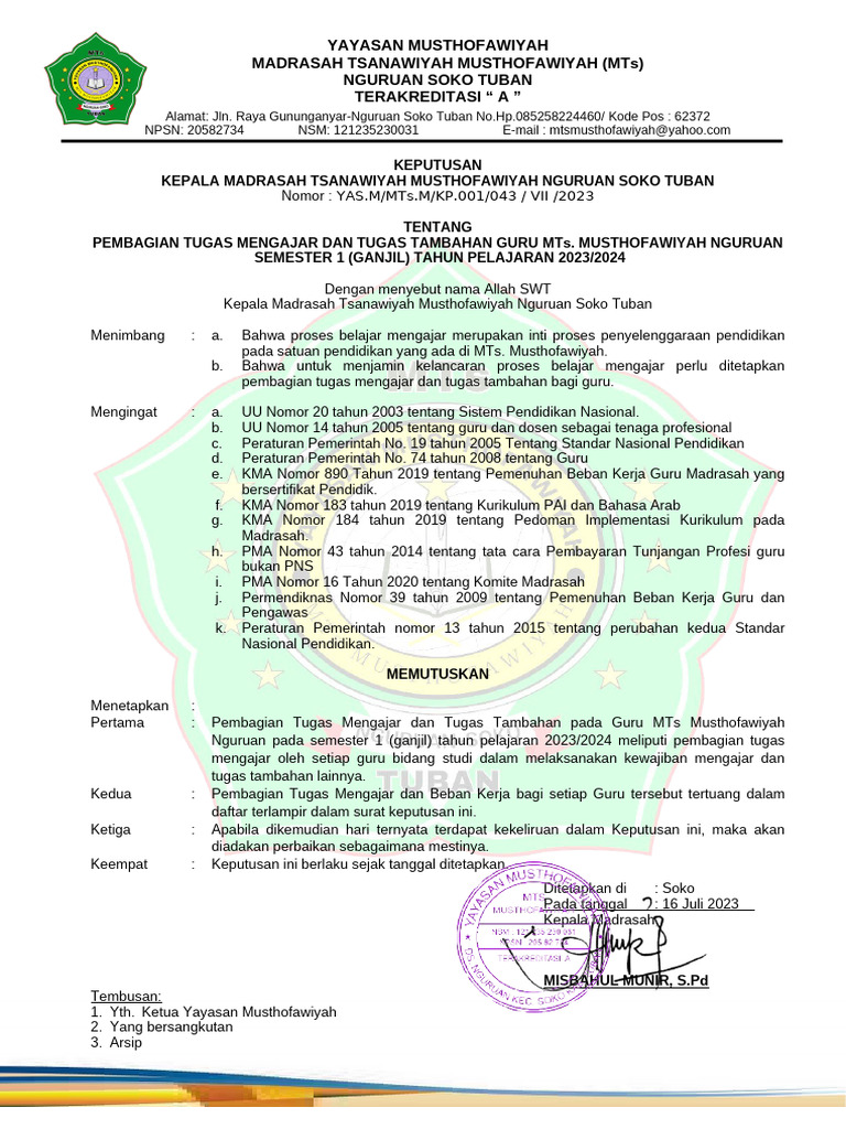 SK Tugas Mengajar Guru Ganjil TP 2024 & 2025 | PDF