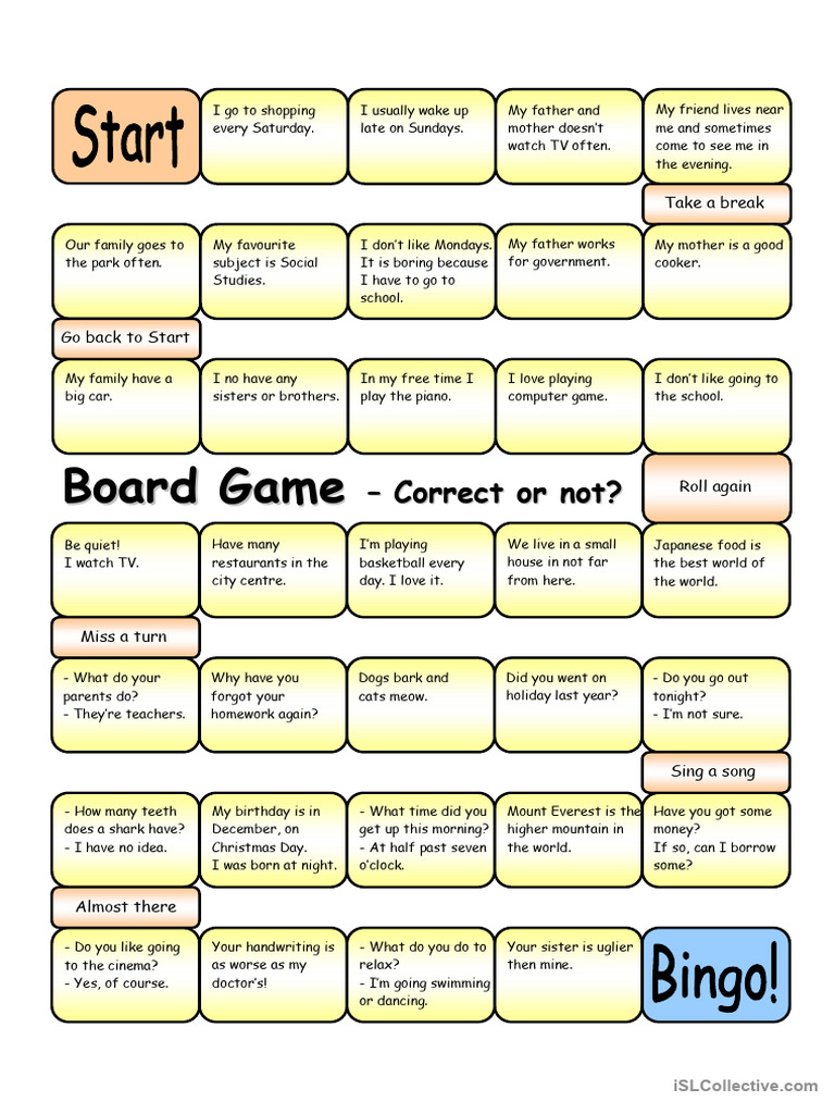 Board Game - Correct or Not - (Elementary - Pre-Intermediate) | PDF