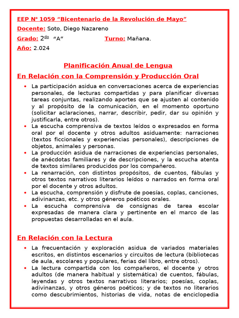 Planificación Anual de Lengua 2do Grado | PDF | Lingüística | Escritura