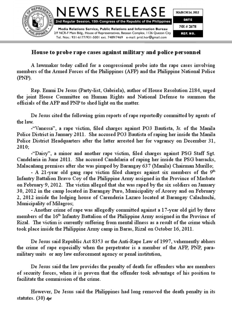 March 14 House To Probe Rape Cases Against Military and Police ...