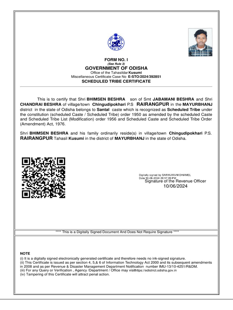 Schedule Tribe Certificate. | PDF