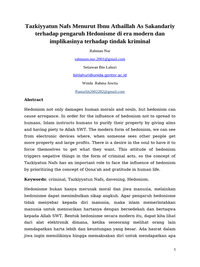 Tazkiyyatun Nafs Menurut Ibnu Athaillah As Sakandariy terhadap pengaruh Hedonisme di era modern ...