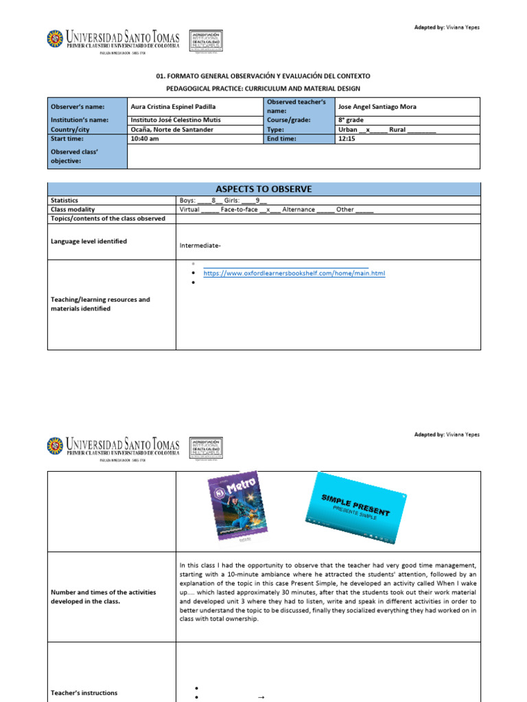 Class Observation - FORMAT CURRICULUM | PDF | Teachers | Learning
