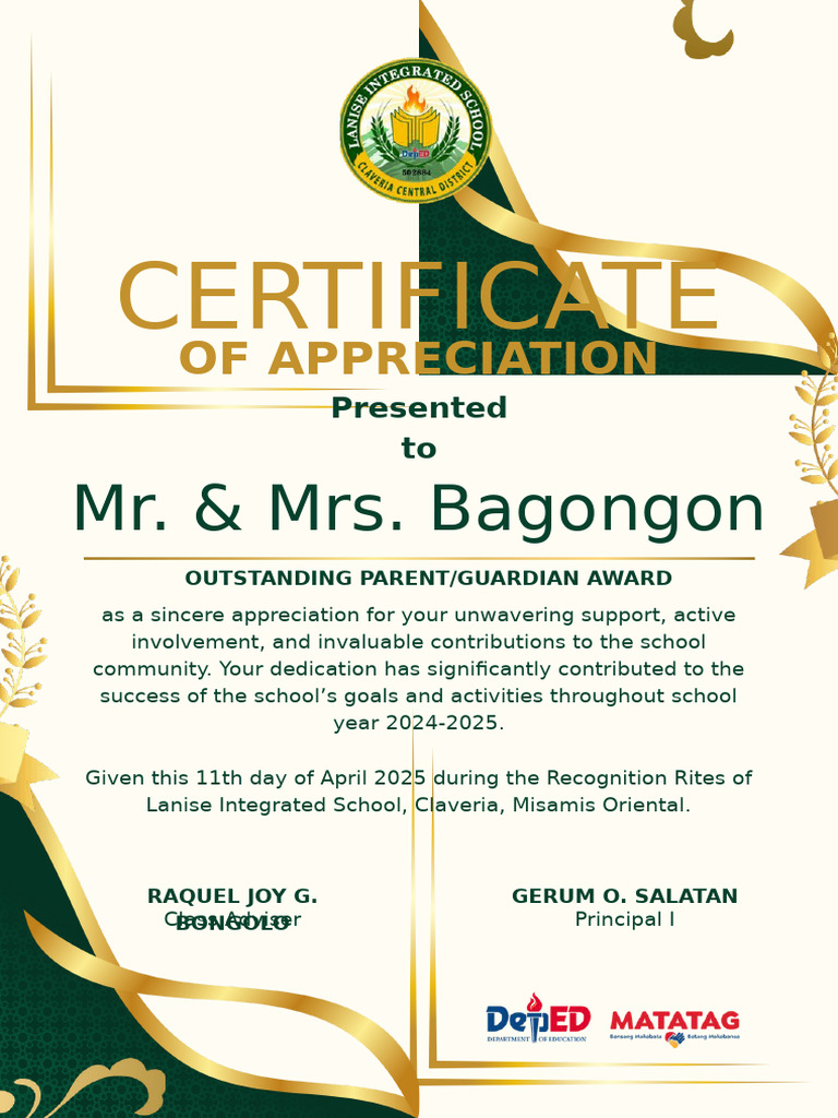 Outstanding Parents Certificate S.Y. 2024-2025 | PDF