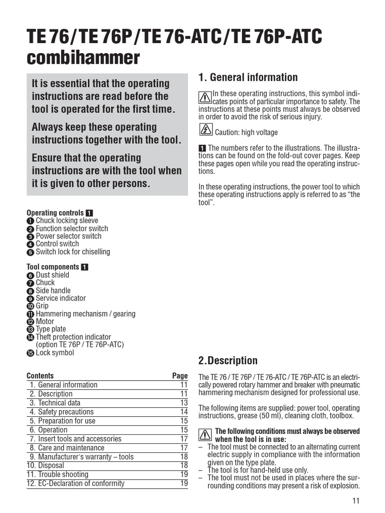 Hilti TE-76 Operators Manual | PDF | Drill | Switch