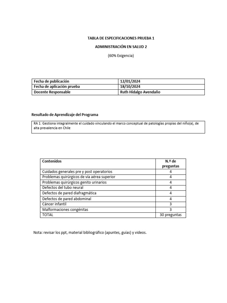 Tabla de Especificaciones Prueba Ped. 2024 | PDF