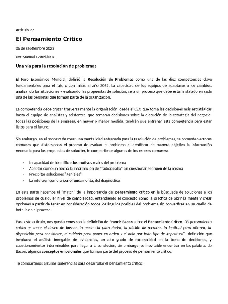 Pensamiento Crítico en Resolución de Problemas | PDF | Pensamiento ...