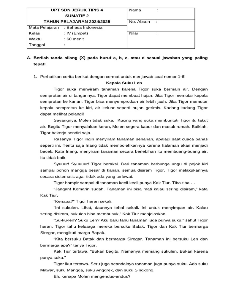 Ulangan-Bahasa-Indonesia-Bab-2 Kelas 4 | PDF