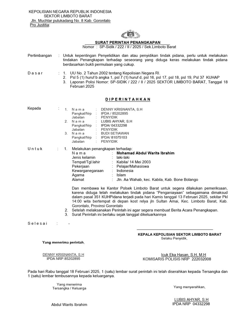 Surat Perintah Penangkapan Limboto Barat | PDF