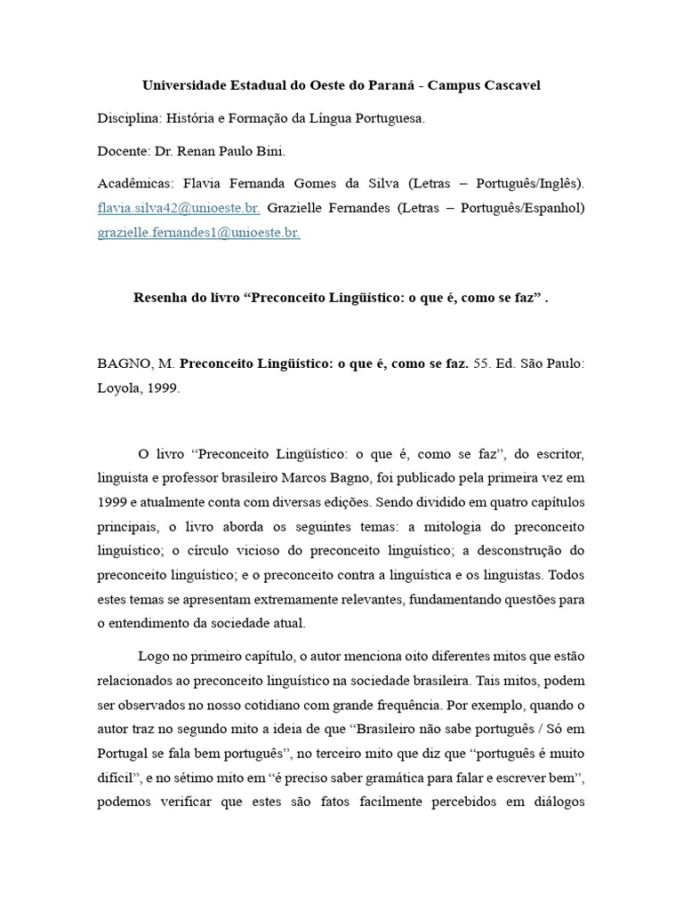 Resenha: Preconceito Linguístico de Bagno | PDF | Linguística | Gramática