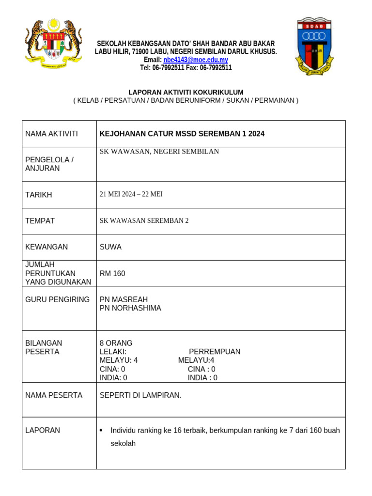 LAPORAN CATUR MSSD | PDF