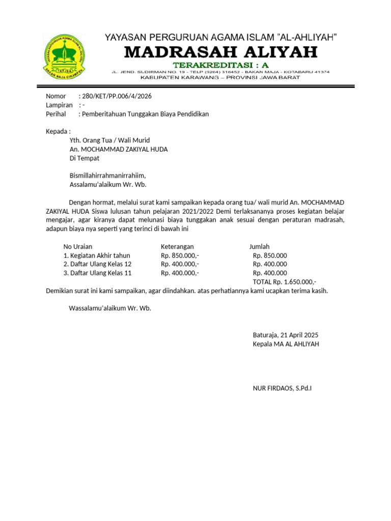 Surat Tunggakan | PDF