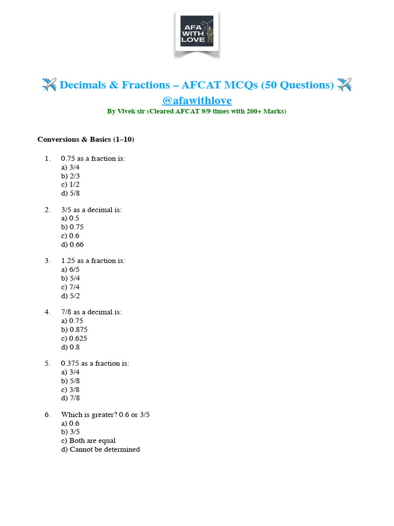 Decimals & Fractions - AFCAT MCQs (50 Questions) by Vivek Sir ...