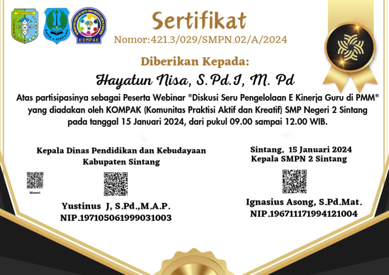 Sertifikat Diskusi Seru Pengelolaan E Kinerja - 20240116 - 083229 - 0000 | PDF