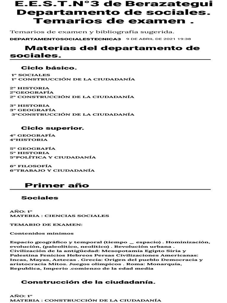 DEPARTAMENTO DE SOCIALES Temarios de Examen | PDF | Américas | Argentina