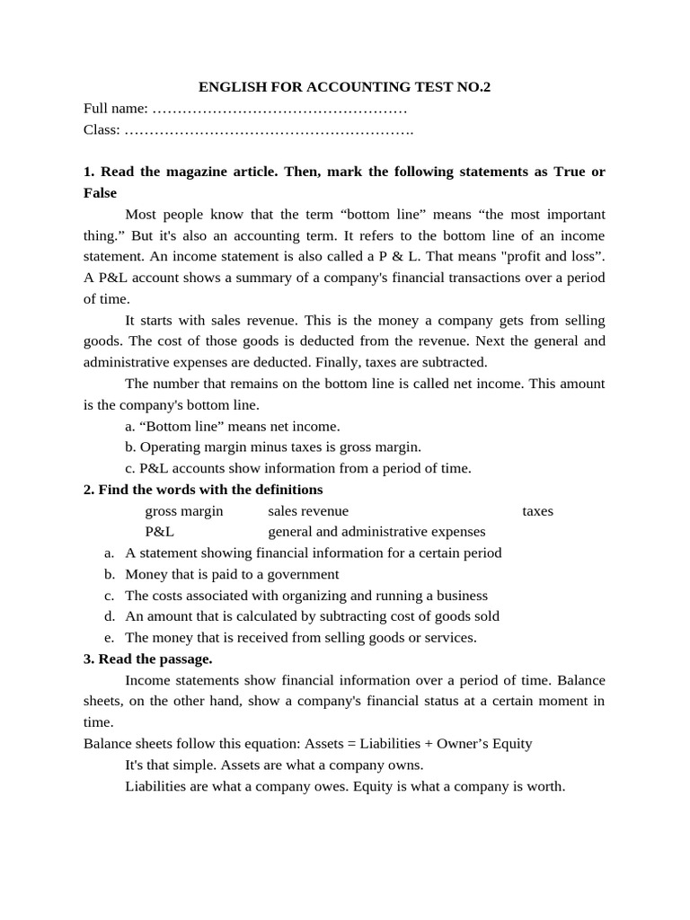 English Accounting Test No. 2 | PDF | Net Income | Income Statement