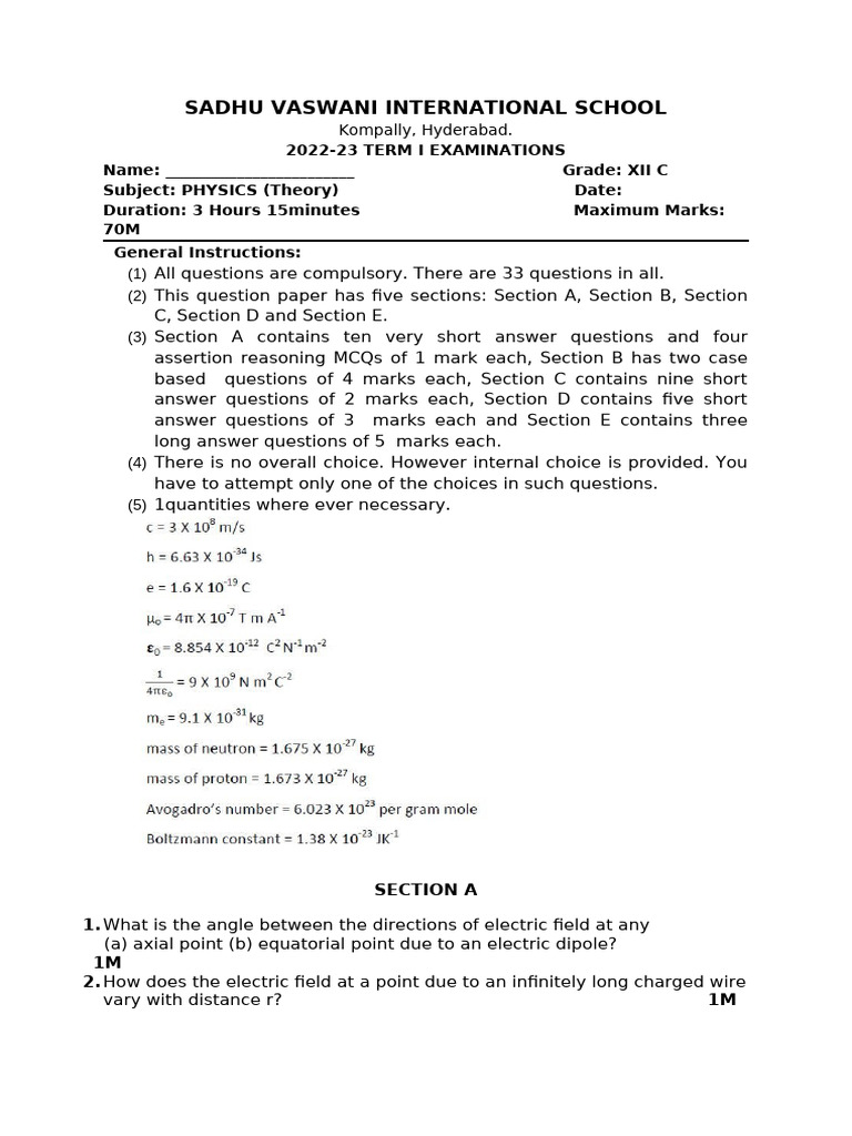 2022-23 - TERM I - GR 12 - PHYSICS - QP - Padma | PDF | Electrical Impedance | Inductor