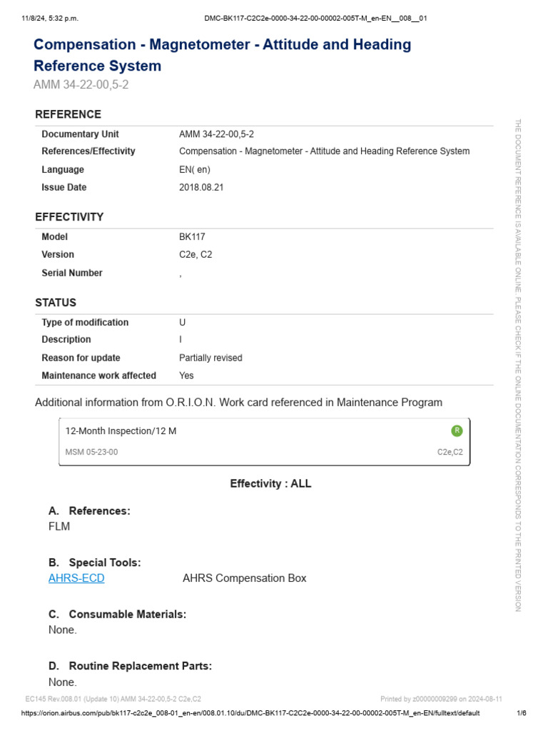 EC145 008.01.10 - AMM 34-22-00,5-2 - Compensation - Magnetometer ...