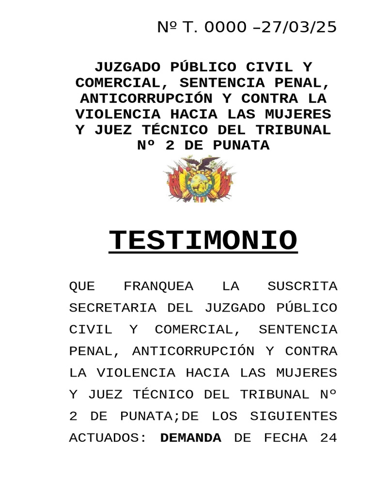Modelo de Testimonio Judicial en Punata | PDF | Demanda judicial | Ley ...