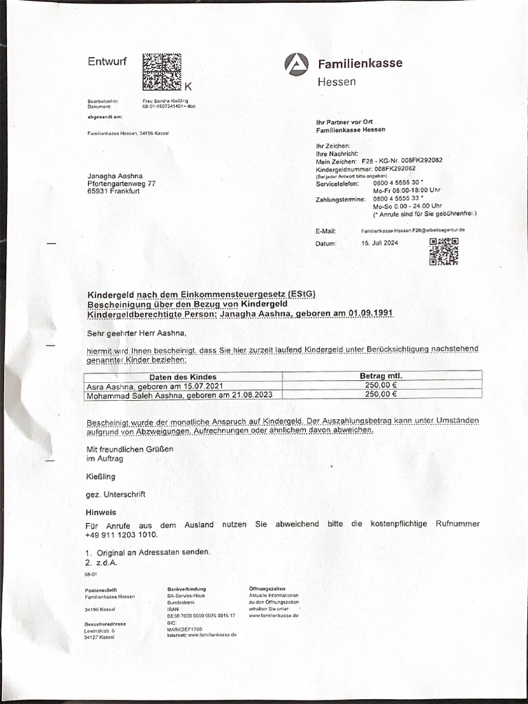 Kindergeld Bescheid. | PDF