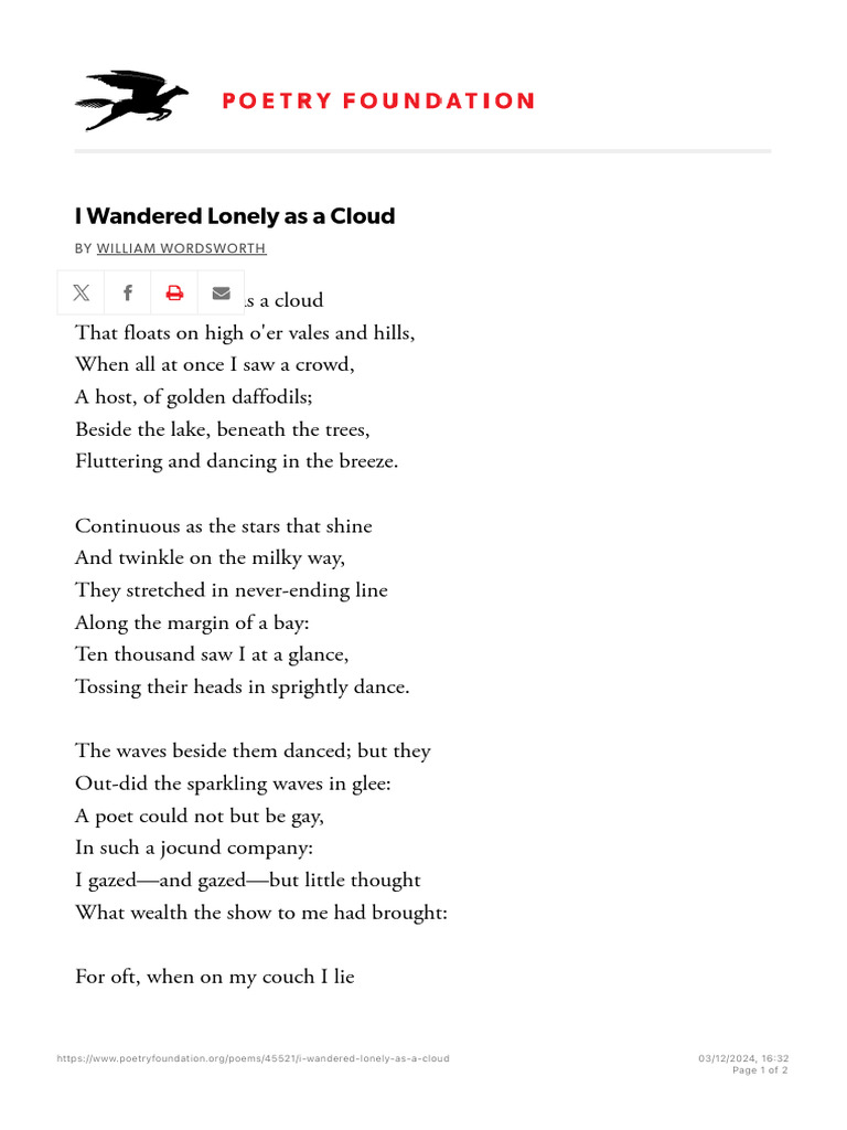 I Wandered Lonely As A Cloud The Poetry Foundation | PDF