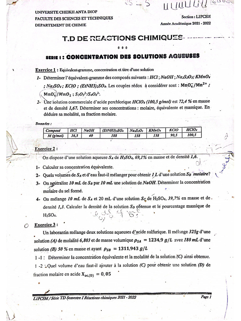 Série 1 TD Chimie Physique | PDF